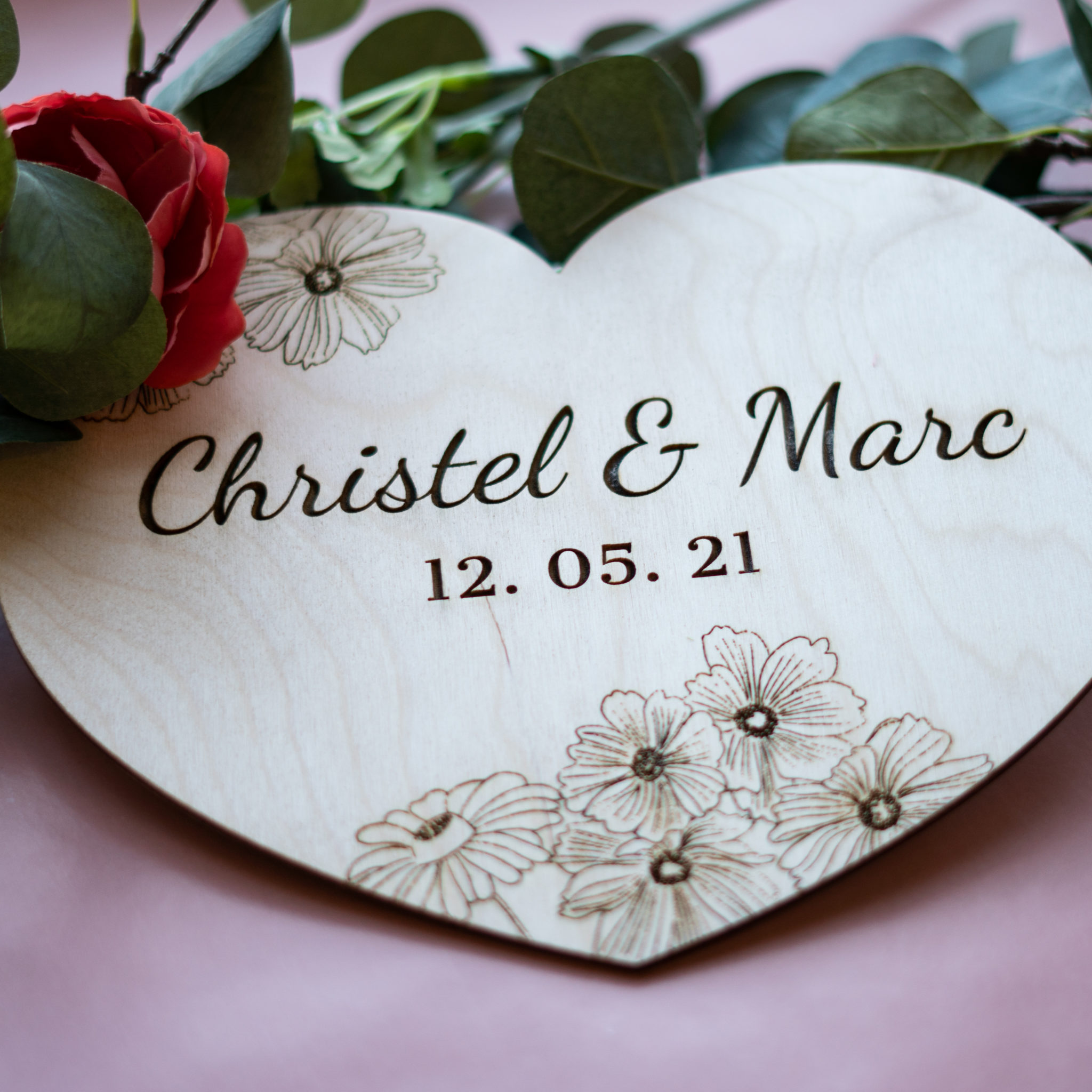 Bryllupsskilt - hjerte med blomster • Særskilt