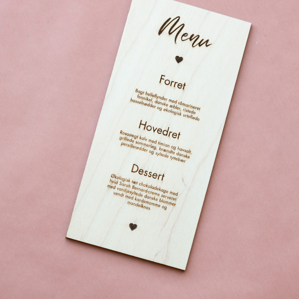 Menukort i træ - Kreativ - til bryllup, konfirmation og barnedåb • Særskilt